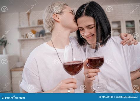 Woman In Glasses Kissing Happy Girlfriend Stock Image Image Of Home Cheerful