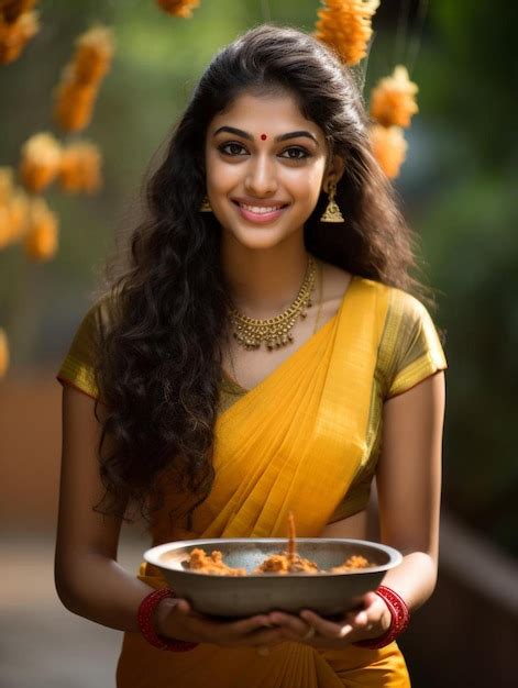 Premium Photo A Woman In A Yellow Sari Holding A Bowl Of Food