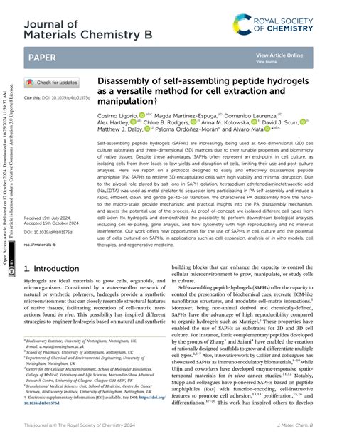 Pdf Disassembly Of Self Assembling Peptide Hydrogels As A Versatile Method For Cell Extraction