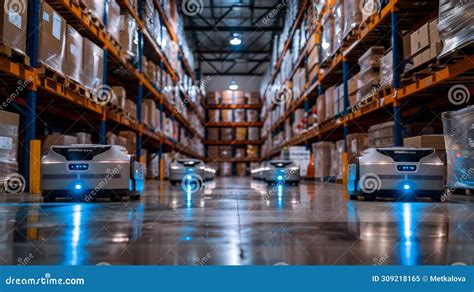 Software Robots Performing Tasks In A Warehouse With Endless Pallets Of Boxes And Storage An