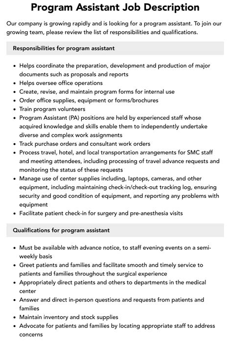 Program Assistant Job Description Velvet Jobs