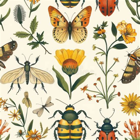 Seamless Garden Insects Pattern With Beetles Bees And Butterflies â€ Nature Inspired Tileable