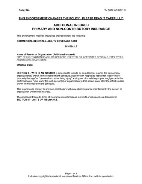 Additional Insured Primary Non Contibutory Sample Pdf Motor Insurance Insurance