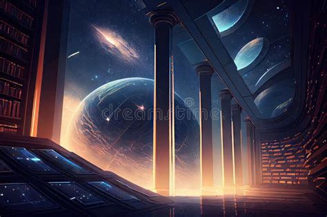 Futuristic Library Data Center With View Of The Stars And Planets
