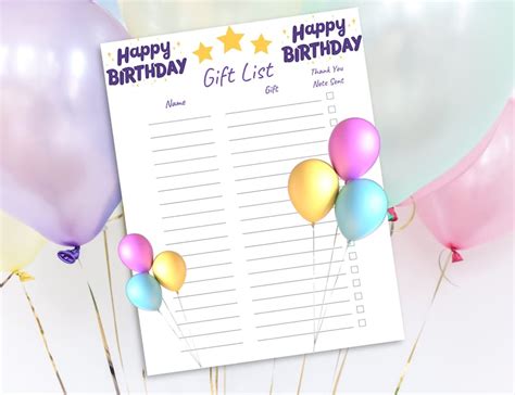 Birthday T List Printable Pdf With Thank You Note Tracker Etsy