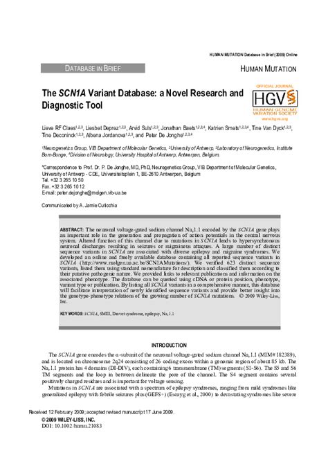 Pdf The Scn1a Variant Database A Novel Research And Diagnostic Tool