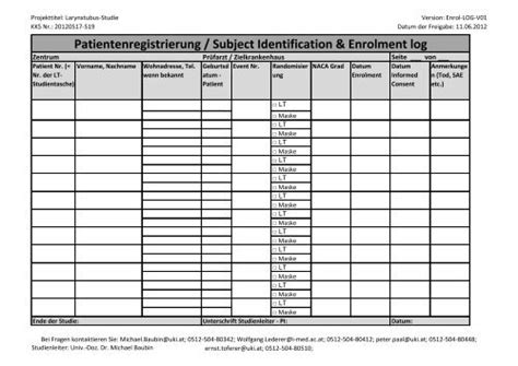 Patientenregistrierung Subject Identification And Enrolment Log