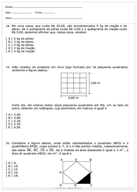 Atividades De Matemática Do 6º Ano Para Imprimir Ler E Aprender