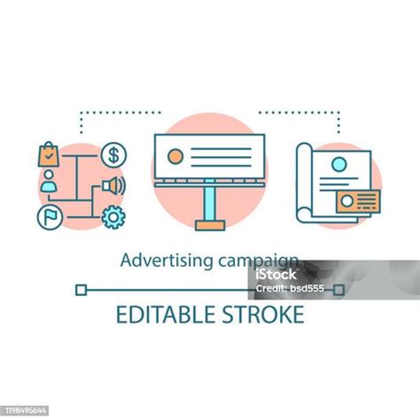 광고 캠페인 컨셉 아이콘입니다 마케팅 상업 광고 계획 소셜 미디어 프로모션 전략 아이디어 얇은 라인 일러스트 브랜딩 마케팅 홍보벡터 격리 개요 도면 편집 가능한 스트로크