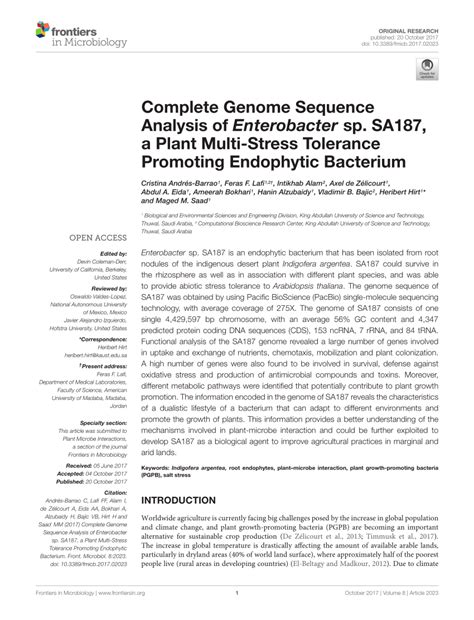 Pdf Complete Genome Sequence Analysis Of Enterobacter Sp Sa187 A Plant Multi Stress