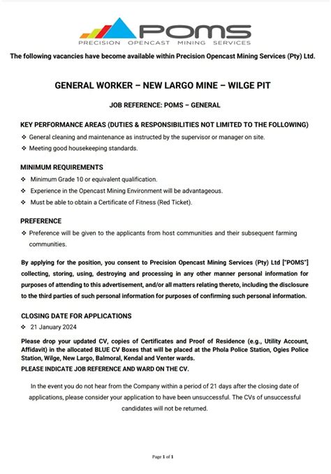 Vacancies 🔌 General Workers Blasting Assistant Drill Rig Assistant