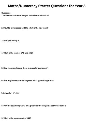 Maths Starter Questions Year 8 Teaching Resources
