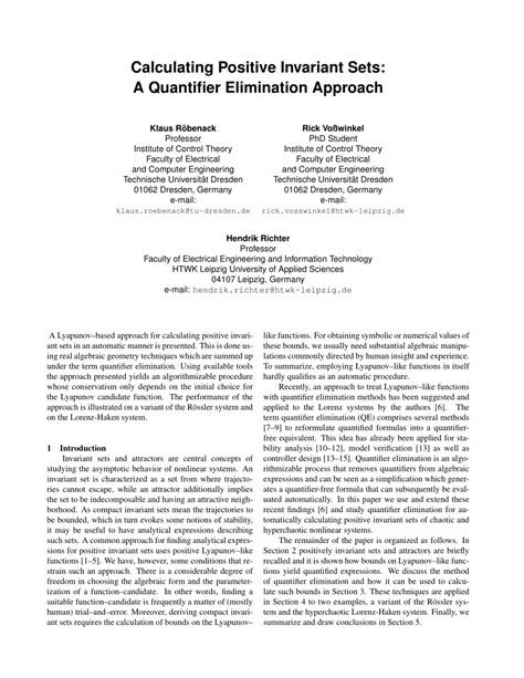 Pdf Calculating Positive Invariant Sets A Quantifier Elimination