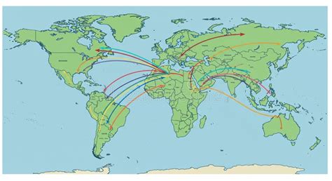 World Map Featuring Colored Arrows Indicating Flow Paths Across