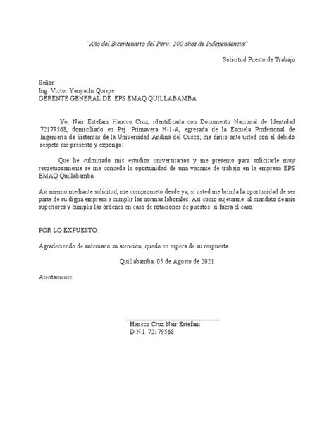 Carta De Solicitud De Practicas Pre Profesionales A La Municipalidad Pdf
