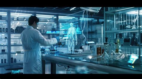 Scientist Collaborating With Ai In Futuristic Lab Aig60 Stock Image Image Of Assistant