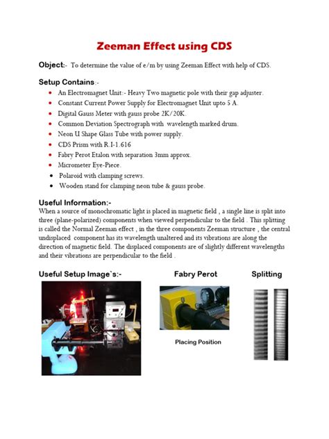 Zeeman Effect Experiment Setup Guide Pdf Wavelength Teaching Methods And Materials
