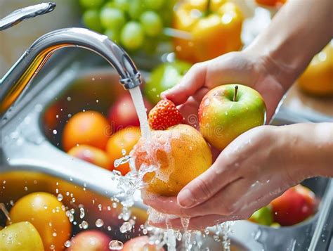 Wash Fruit In The Sink Under The Tap In The Kitchen Stock Illustration