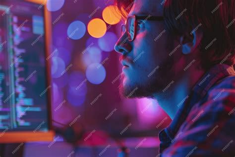 Side View Of Software Developer Coding Program Or Engineering Prompt Aig Premium Ai Generated