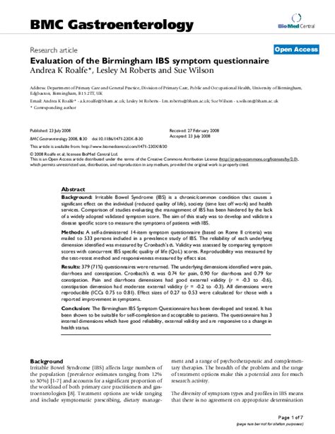 Pdf Evaluation Of The Birmingham Ibs Symptom Questionnaire
