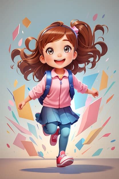 귀여운 유쾌한 학생 소녀 점프 만화 캐릭터 아이 어린이 학교 교육 손으로 그림 예술 일러스트레이션 프리미엄 사진