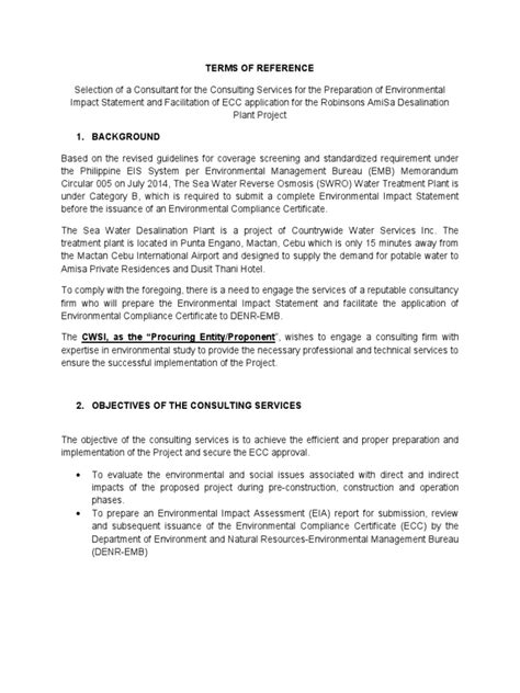Sample Tor For Consultancy Service Pdf Environmental Impact
