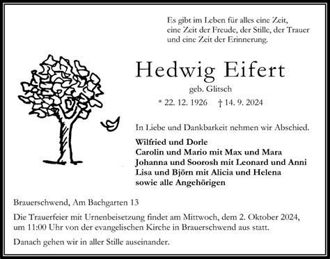 Traueranzeigen Von Hedwig Eifert Mittelhessen Gedenktde