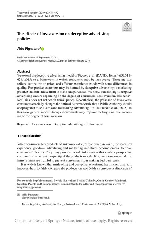 The Effects Of Loss Aversion On Deceptive Advertising Policies Request Pdf