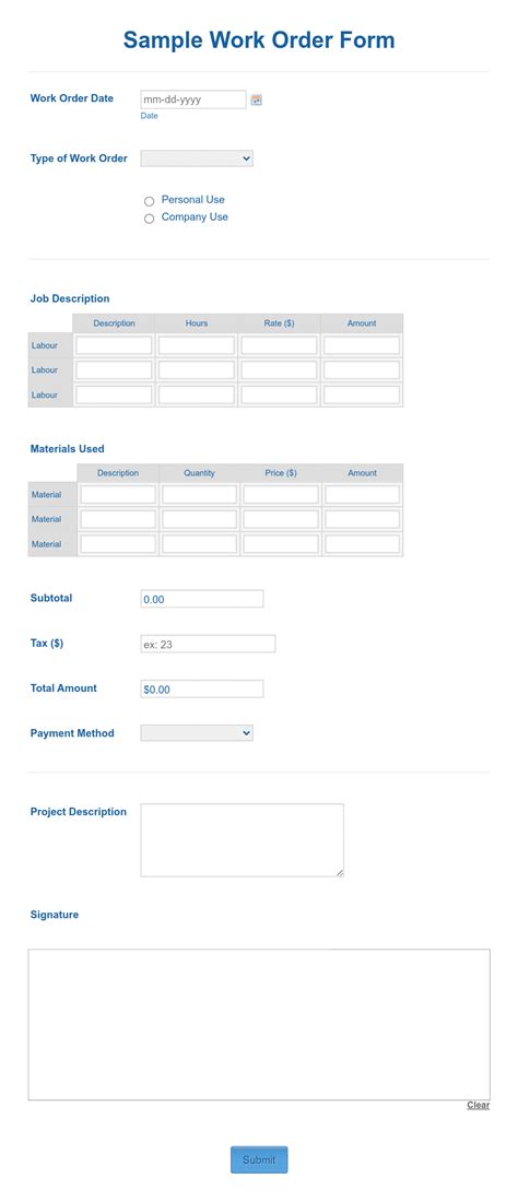 Sample Work Order Form Template Jotform