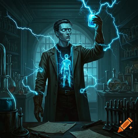 A Mad Scientist In A Lab Electrifies A Metallic Female Robot Sitting On