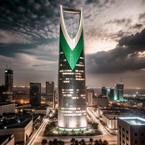 Riyadh Saudi Arabiakingdom Tower Illuminated With The National Flag Of