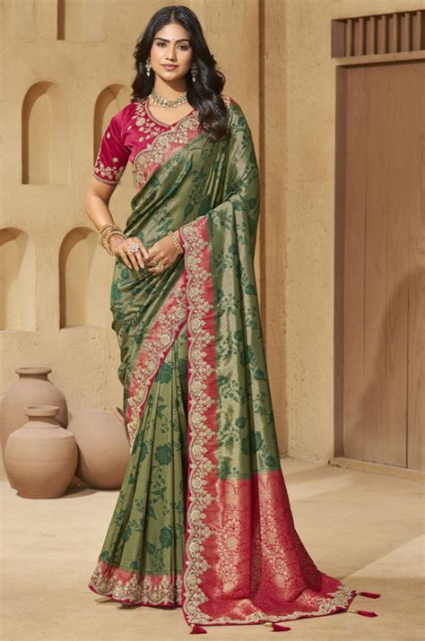 Buy Olive Green Embroidered Jacquard Designer Saree Online Crt3706
