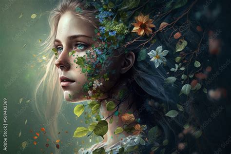 Beautiful Girl Symbolising Mother Nature Concept Seamlessly Merged With
