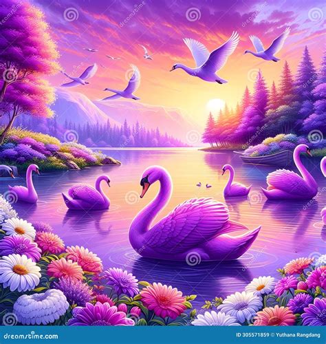 A Beautiful Lagoon With Purple Swans Stock Illustration Illustration