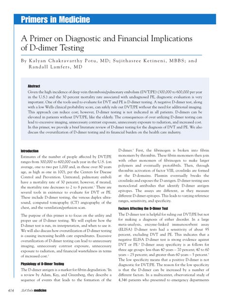Pdf A Primer On Diagnostic And Financial Implications Of D Dimer Testing