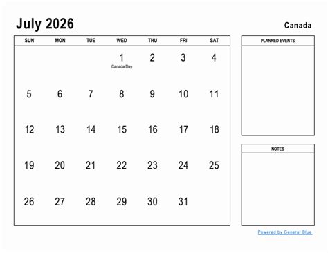 July 2026 Monthly Calendar With Canada Holidays