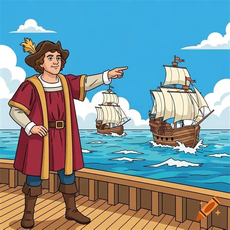 Cartoon Of Christopher Columbus On A Ship Pointing With Two Other