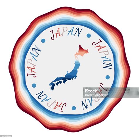 일본 배지 아름다운 기하학적 파도와 생생한 빨간색 파란색 프레임이 있는 국가의 지도입니다 선명한 라운드 일본 로고 벡터