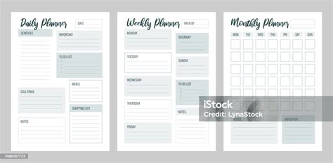 Set Of Daily Weekly Monthly Planner Printable Vector Template Blank