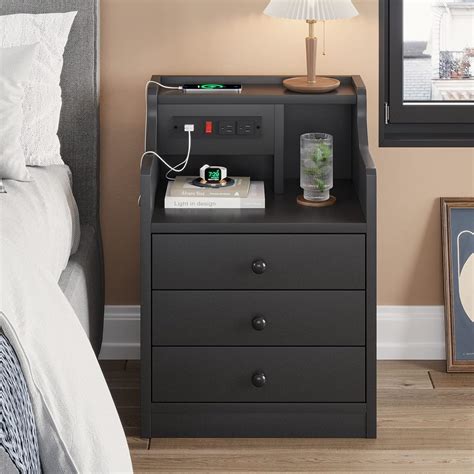 Adorneve Black Nightstand With Charging Station And Drawers