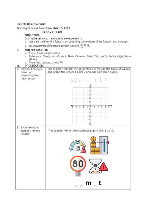 Lesson Plan Limit Of A Function Subject Basic Calculus Teaching