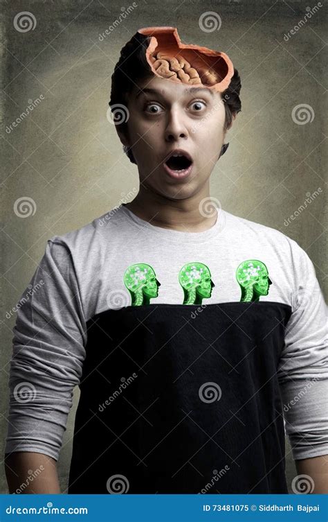 Surprised Mans Open Head Reveals A Big Brain Stock Image Image Of