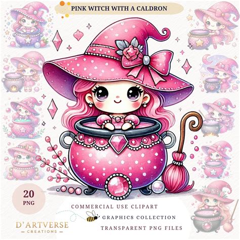 Pink Witch Clipart Cute Watercolor Witch With Cauldron Png Magic