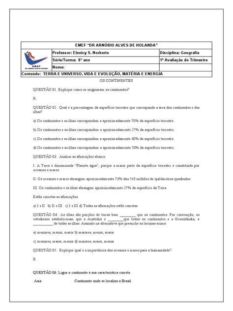 1 Prova Do 8 Ano 1 Pdf Continente Américas