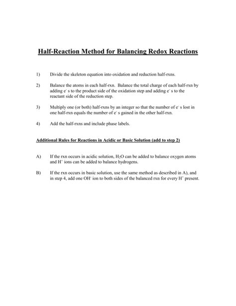 Half Reaction Method For Balancing Redox Reactions