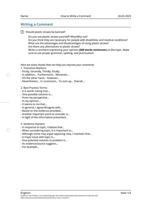 Arbeitsblatt How To Write A Comment Englisch Tutoryde