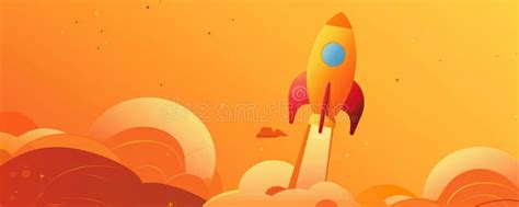 Rocket Launching Into A Bright Orange Sky With Clouds Flat Design Illustration Space