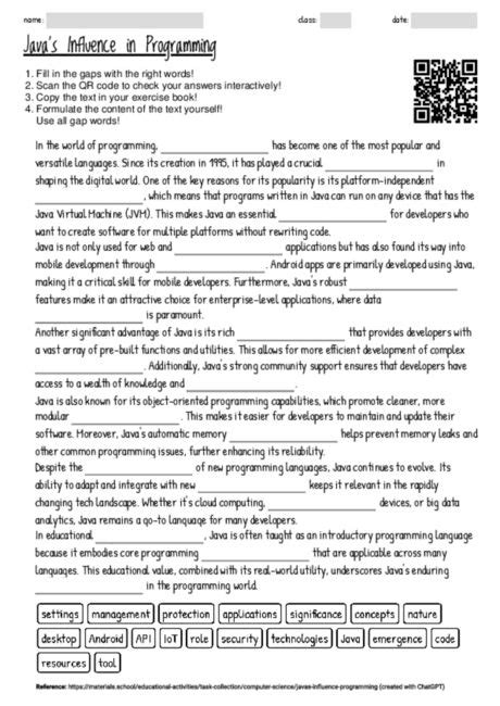 Javas Influence In Programming Interactive Text Worksheet