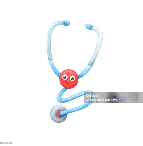 청진기는 의료 기기입니다 청진기 환자와 환자의 진단을위한 음경 귀여운 어린이 캐릭터 흰색 배경에 수채화 그림입니다 스톡 이미지 블루 간호사에 대한 스톡 벡터 아트 및 기타