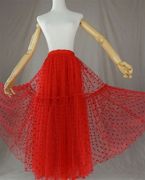 59 99 Red Long Tulle Skirt Red Polka Dot Tiered Tutu Skirt Layered